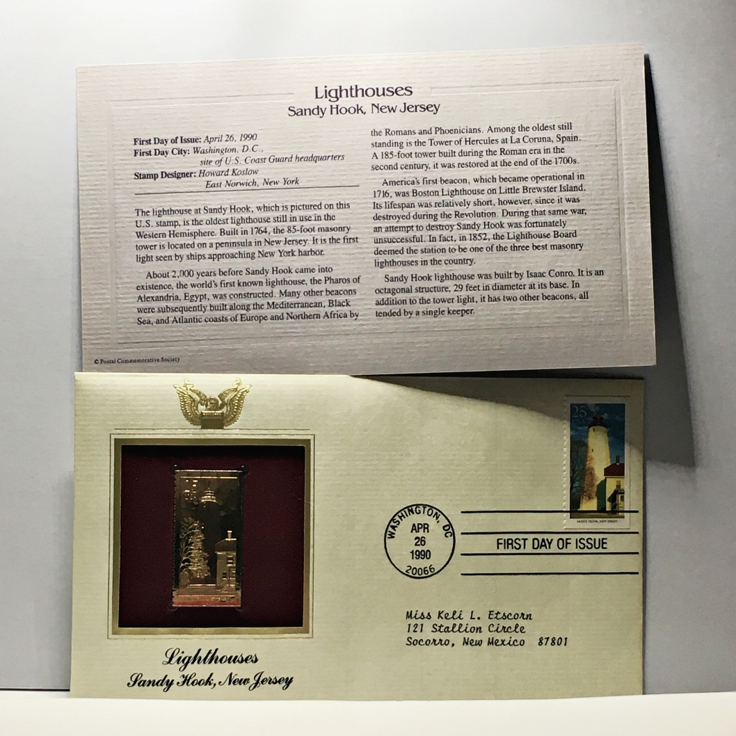 22K Gold Replica Stamp on FDC*1990 Lighthouses; Sandy Hook, New Jersey ...