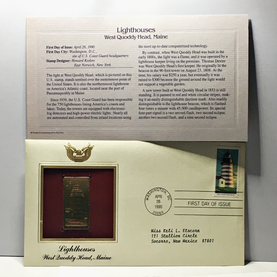 22K Gold Replica Stamp on FDC*1990 Lighthouses; West Quoddy Head, Maine ...