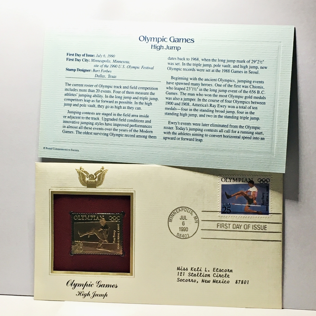 22K Gold Replica Stamp on FDC*1990 Olympic Games; High Jump*Postmarked ...
