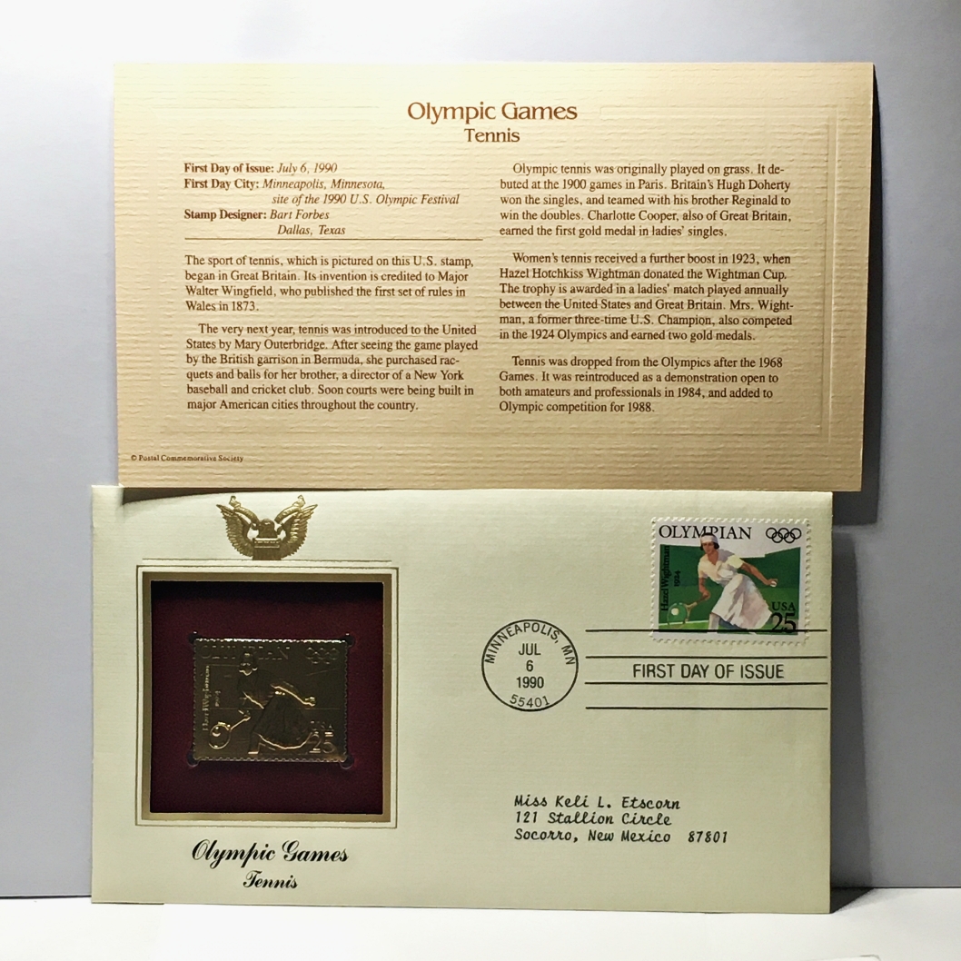 22K Gold Replica Stamp on FDC*1990 Olympic Games; Tennis*Postmarked w ...