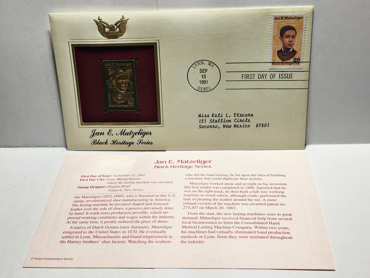 22K Gold Replica Stamp on FDC*1991 Jan E. Matzeliger; Black Heritage ...