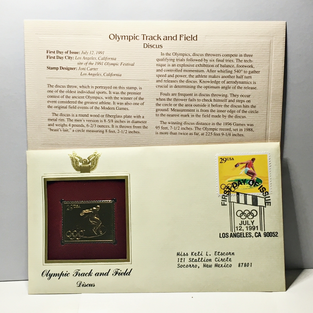 22K Gold Replica Stamp on FDC*1991 Olympic Track & Field; Discus ...