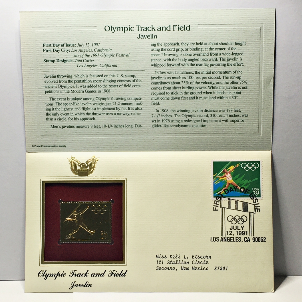 22K Gold Replica Stamp on FDC*1991 Olympic Track & Field; Javelin ...