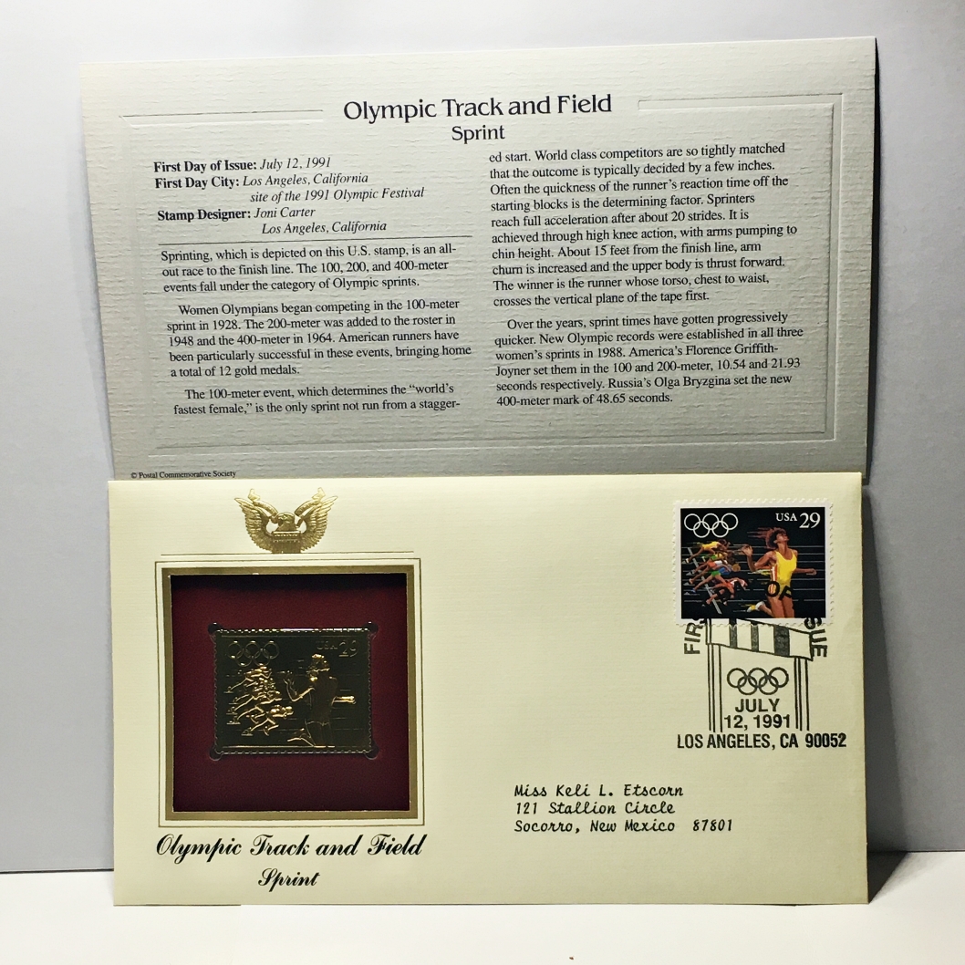 22K Gold Replica Stamp on FDC*1991 Olympic Track & Field; Sprint ...