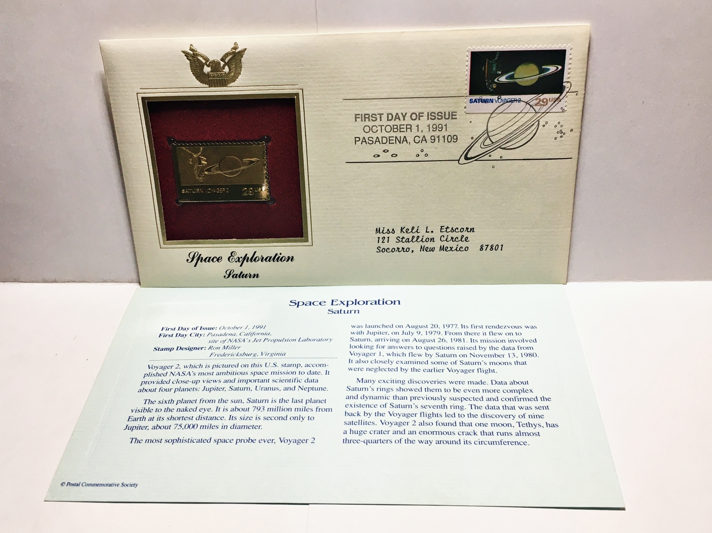 22K Gold Replica Stamp on FDC*1991 Space Exploration; Saturn*Postmarked ...