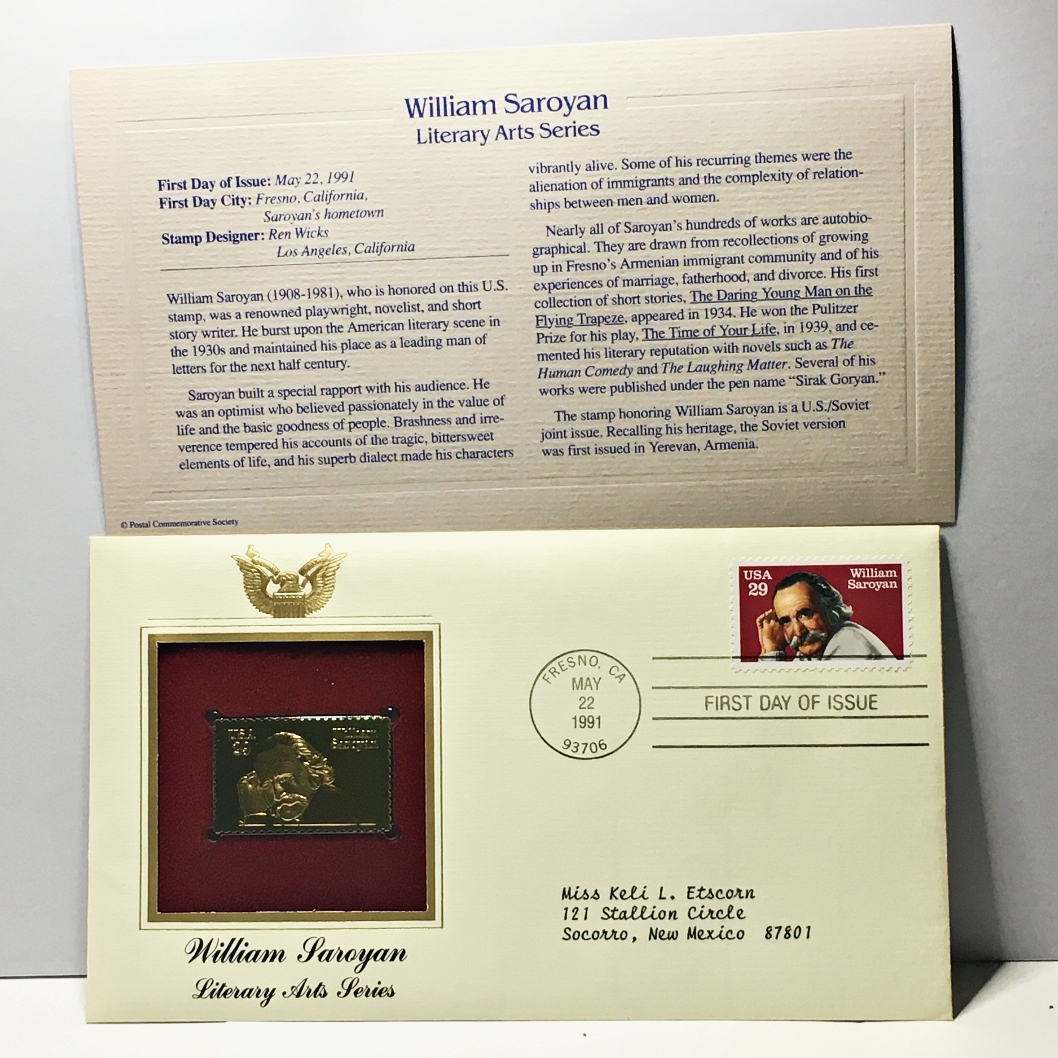 22K Gold Replica Stamp on FDC*1991 William Saroyan; Literary Arts ...