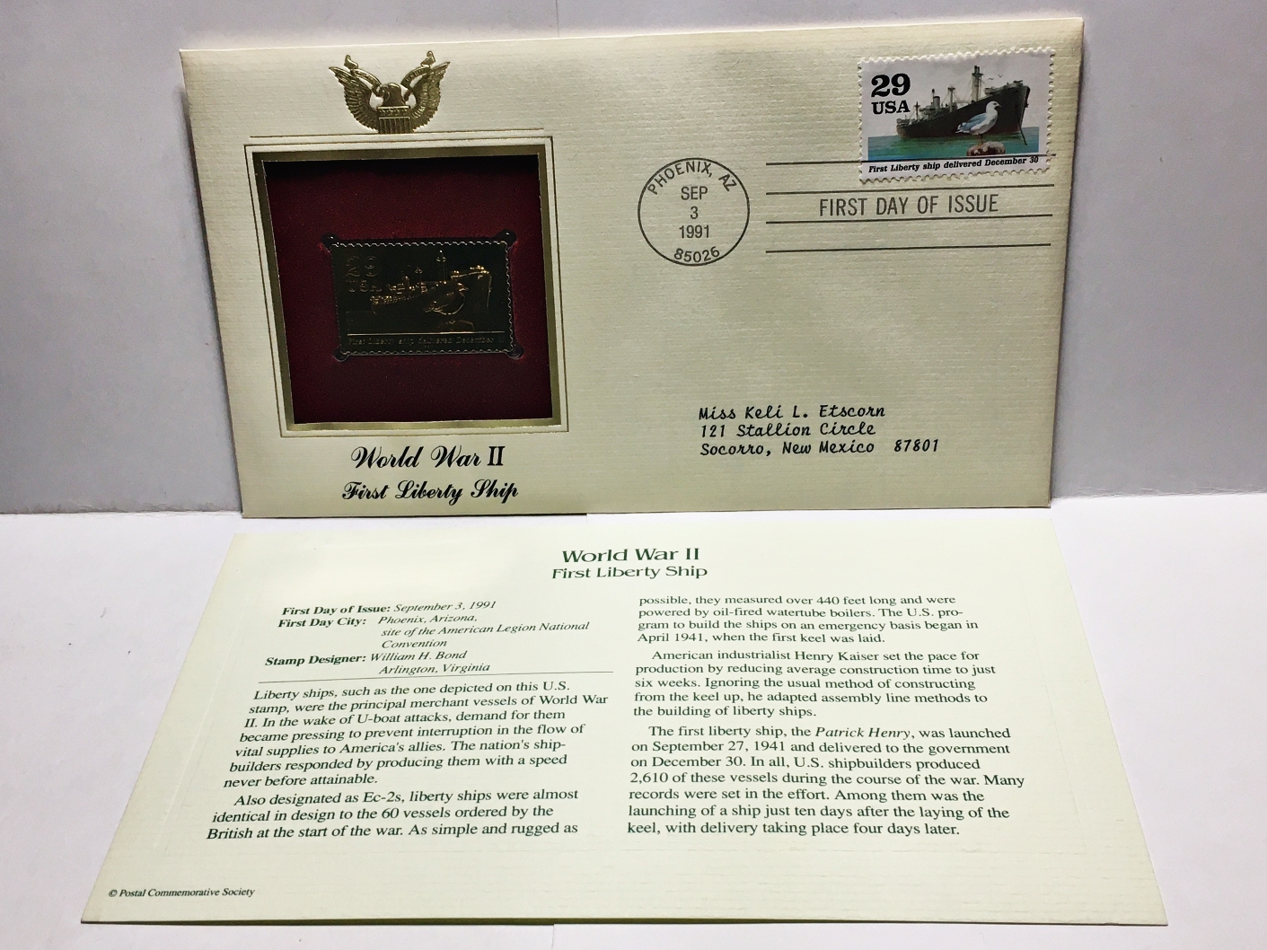 22K Gold Replica Stamp on FDC*1991 World War II; First Liberty Ship ...
