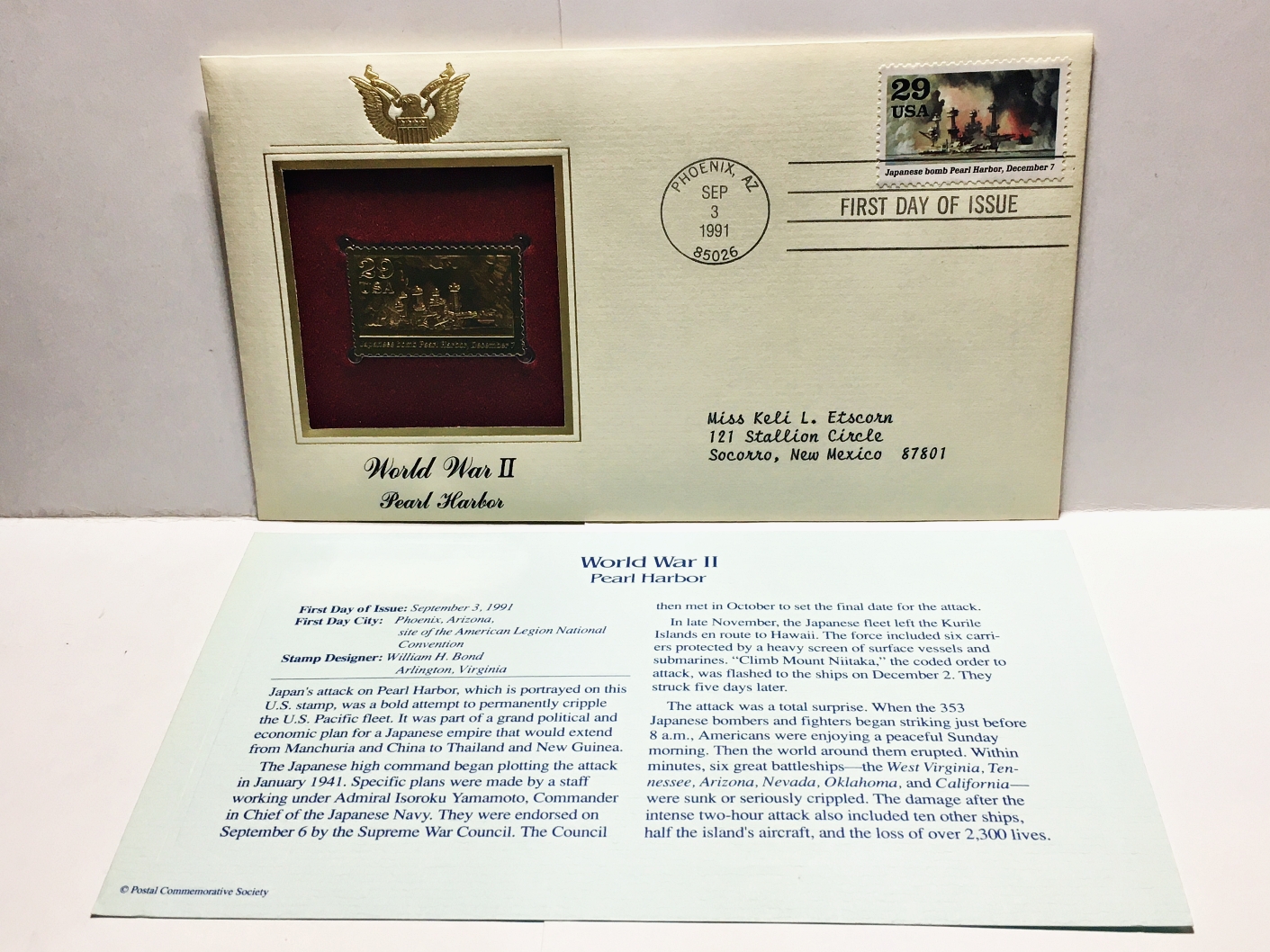 22K Gold Replica Stamp on FDC*1991 World War II; Pearl Harbor ...
