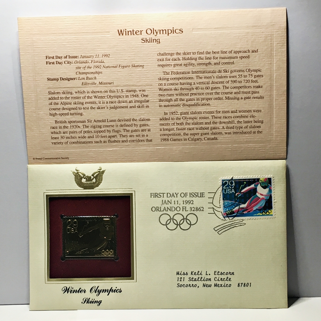 22K Gold Replica Stamp on FDC*1992 Winter Olympics; Skiing*Postmarked w ...