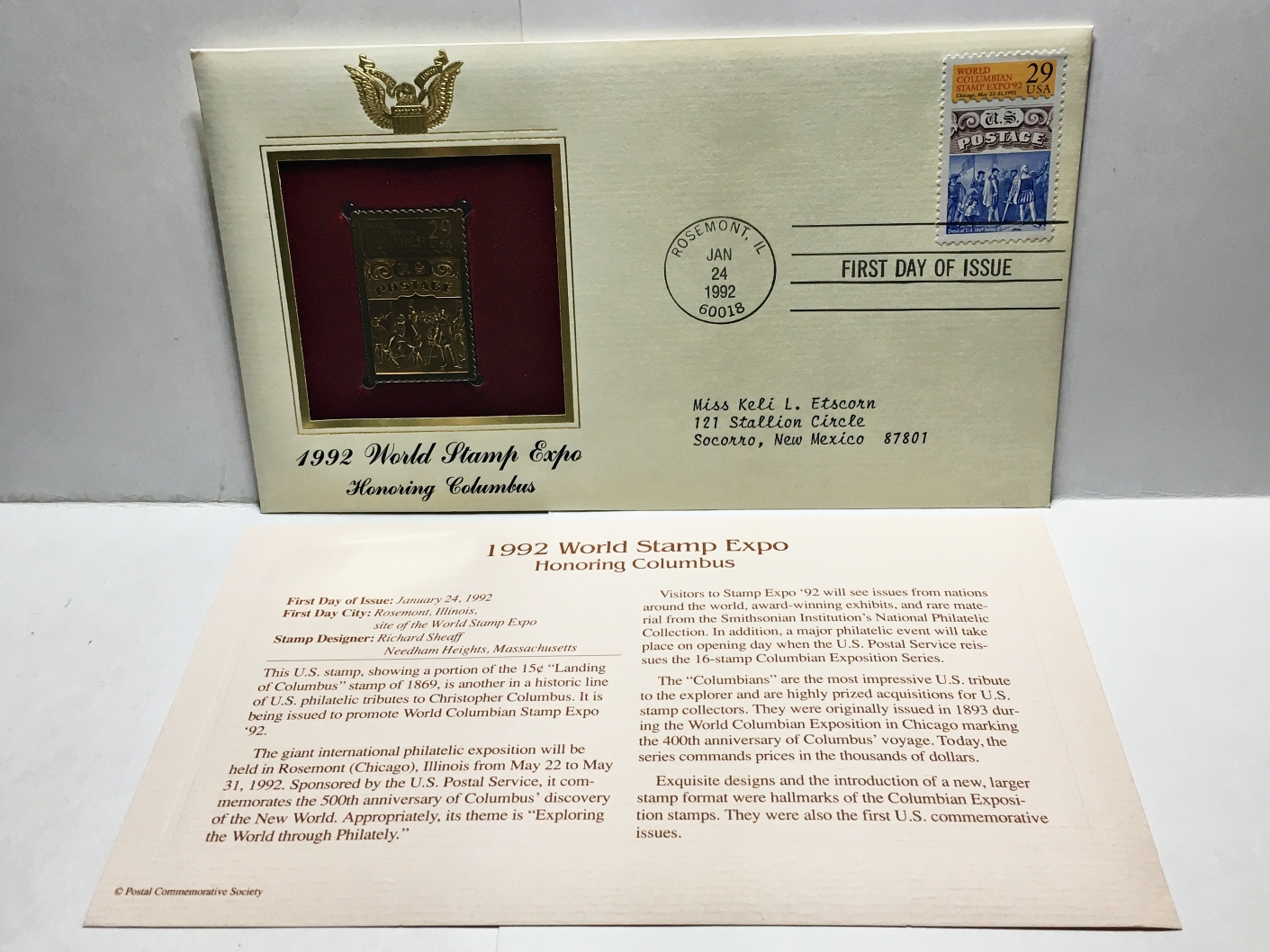 22K Gold Replica Stamp on FDC*1992 World Stamp Expo; Honoring Columbus ...