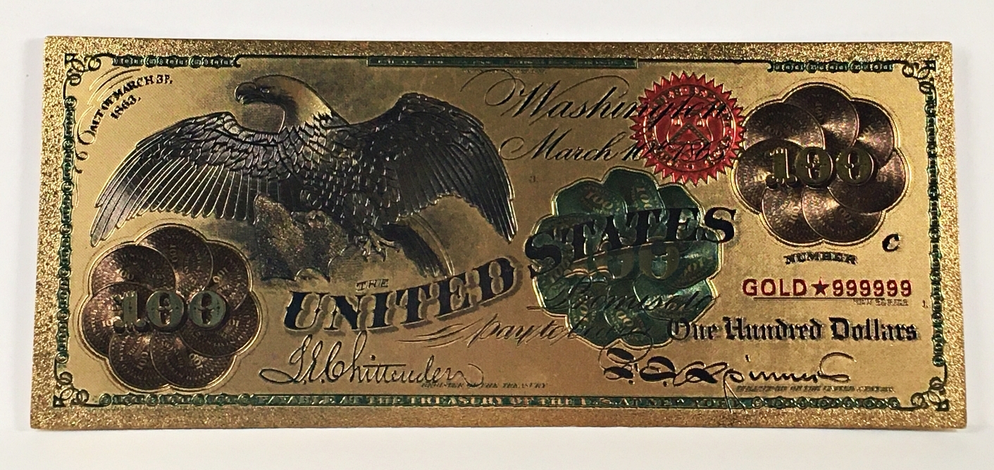 24K Gold Foil 1863 $100 National Bank Note Replica*Large Note in ...