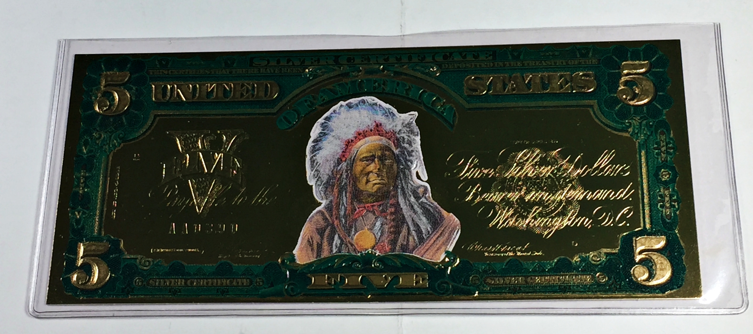 24K Gold Foil $5 Chief Silver Certificate Note Replica*Full Color Large ...