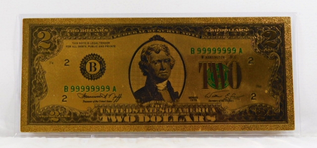 24K Gold Foil Federal Reserve $2 Bicentennial Replica Note | Property Room