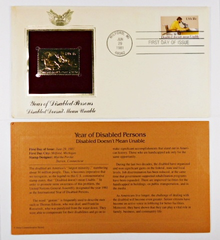24K Gold Foil Stamp of Original 18c Disabled Persons Stamp and FDC ...