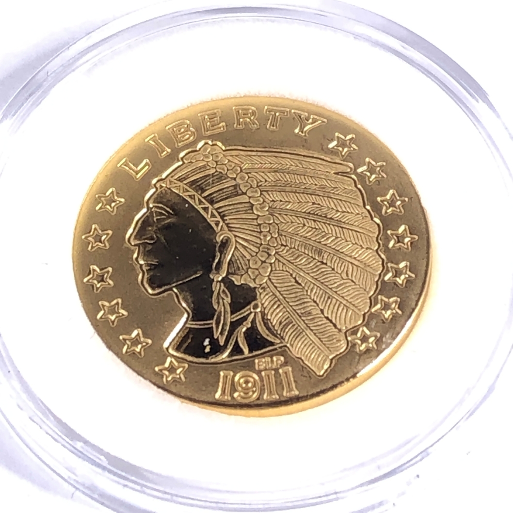 24K Gold Layered 1911 $5 Indian Head Replica*Proof DCAM*In Protective ...