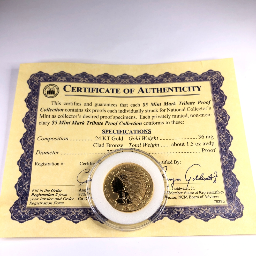 24K Gold Layered 1911 $5 Indian Replica*Proof DCAM*In Protective ...
