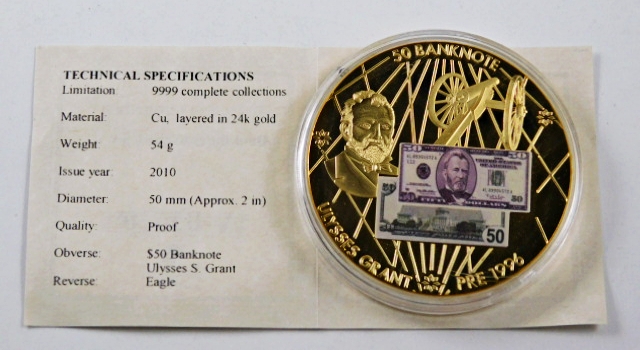24K Gold Layered Commemorative Medallion of Grant $50 Banknote*Proof ...