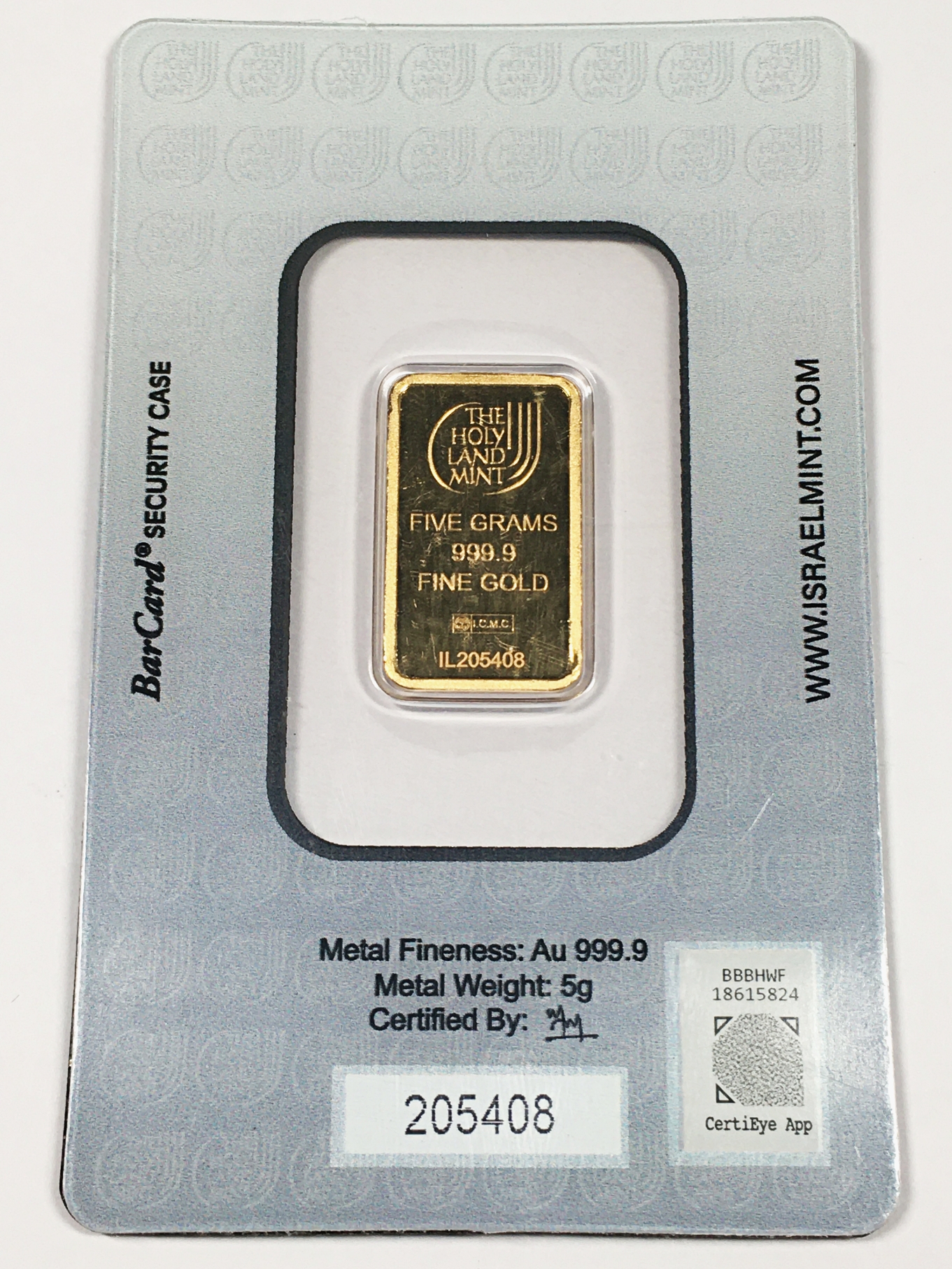 5 GRAM GOLD BAR .9999 Fine from Holy Land Mint in Sealed Card with Mint ...