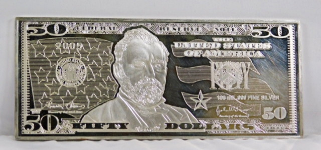 8 Oz. 100 Mills .999 Fine Silver Grant 50 Dollar Bill | Property Room