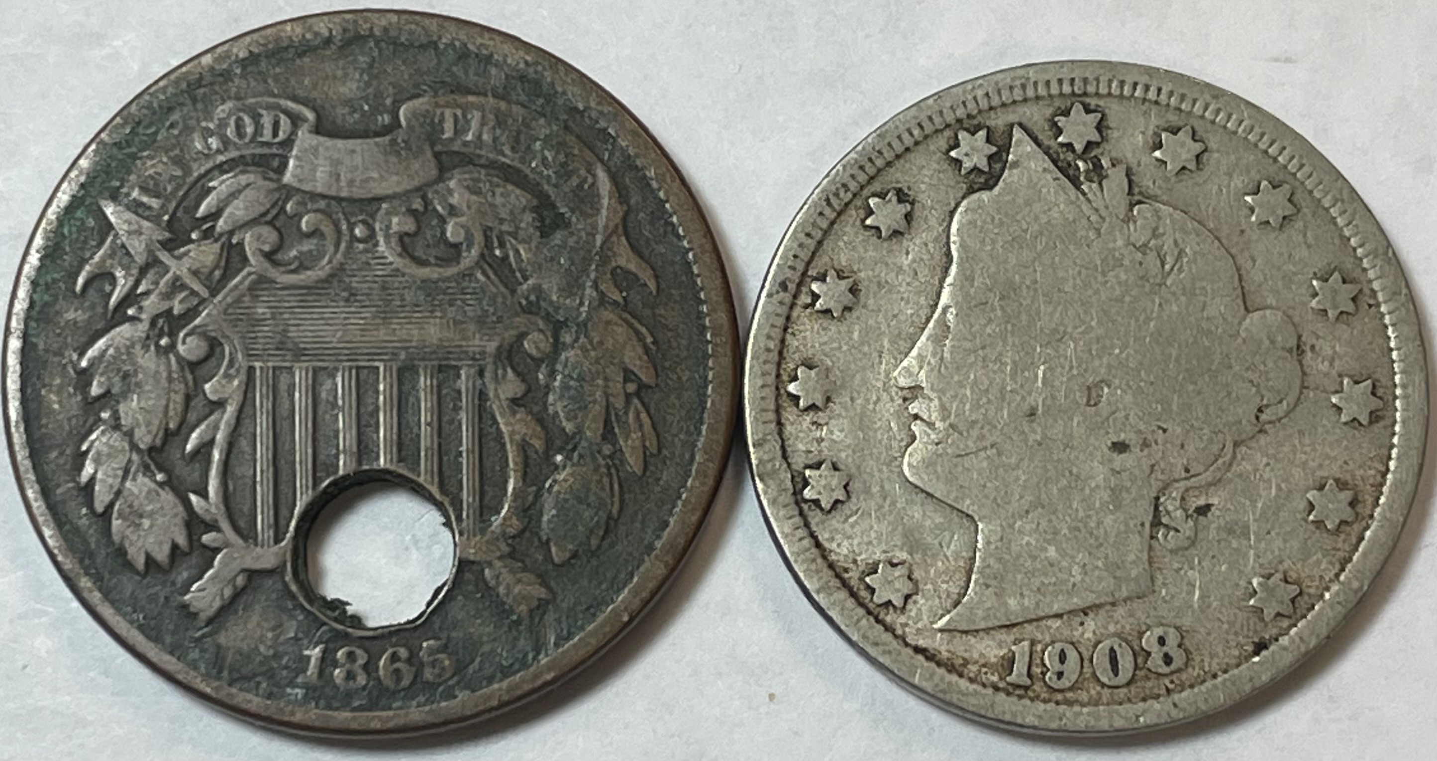 Lot of (2) Obsolete Coins - 1865 2c Piece & 1908 Liberty "V" Nickel ...