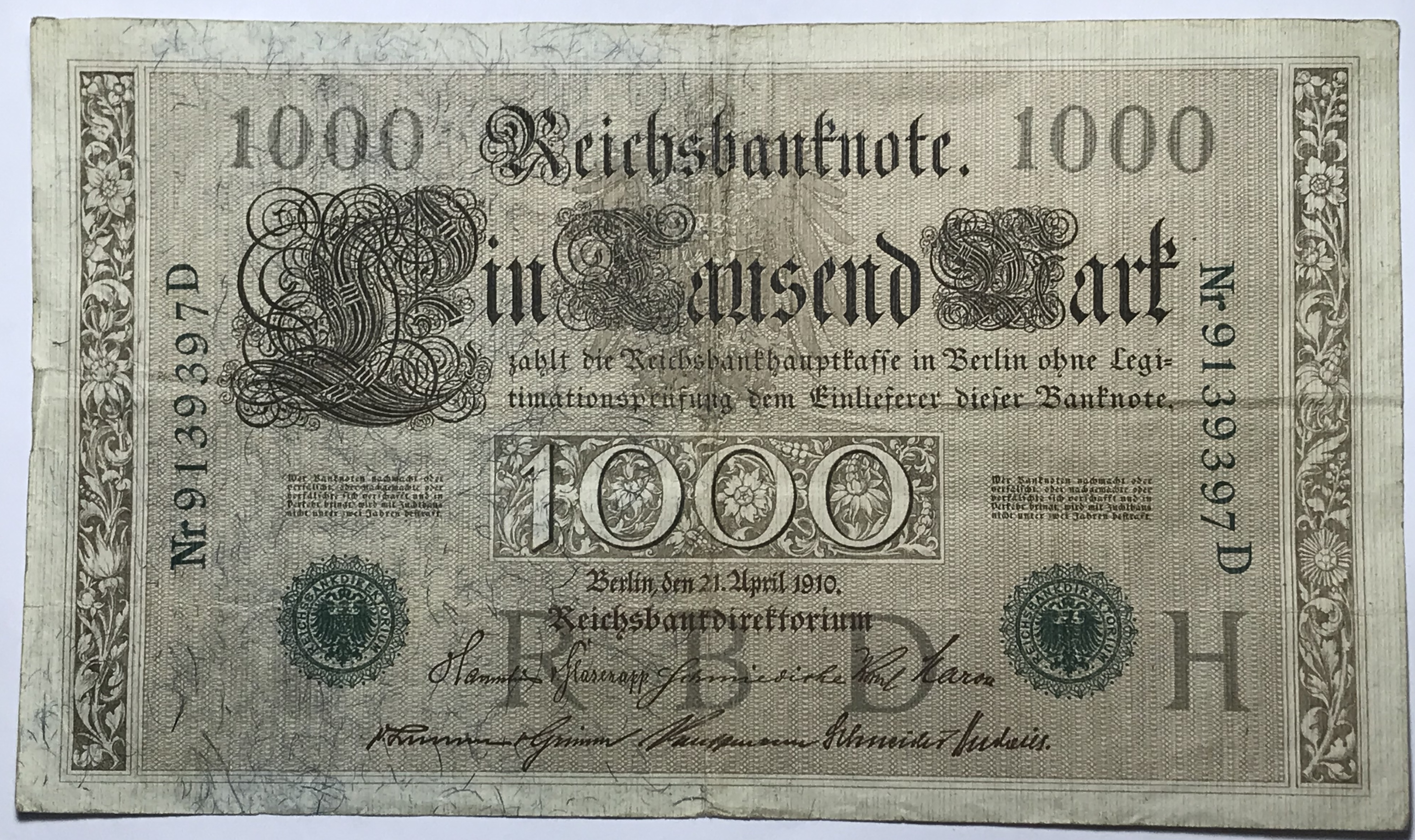1910 Germany 1000 Reichsbanknote - Green Seal Variety - Higher Grade ...