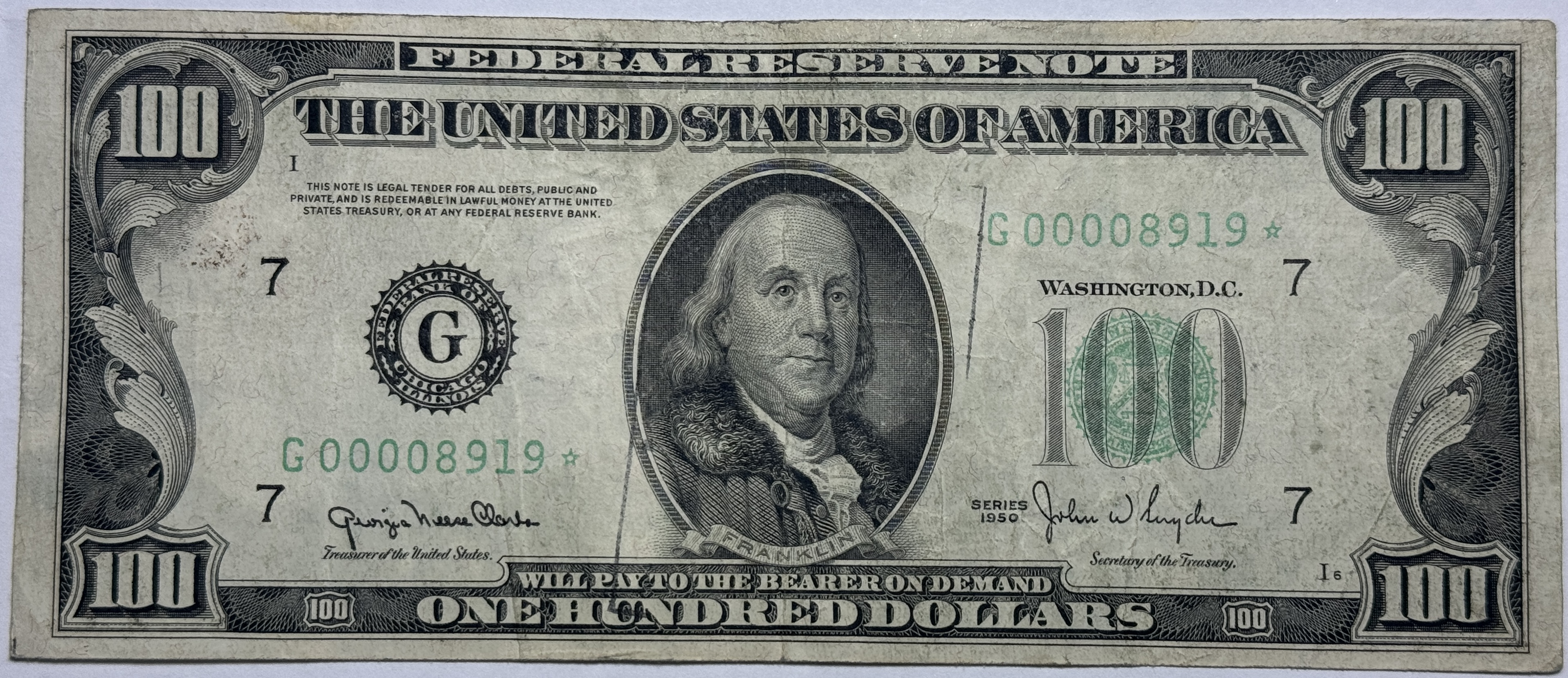 STAR NOTE REPLACEMENT ERROR 1950 $100 Federal Reserve Note - LOW SERIAL ...