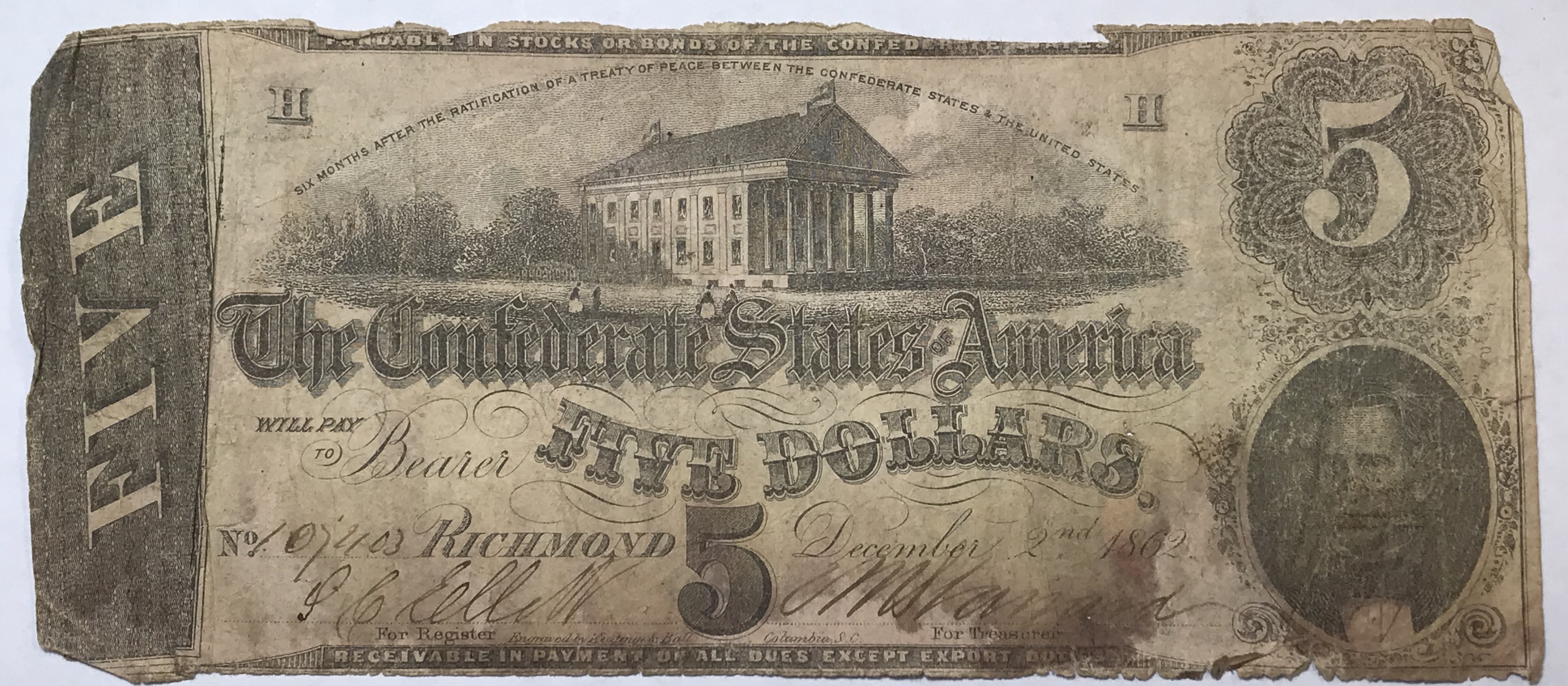 1862 $5 Confederate States of America Note - Fifth Issue | Property Room