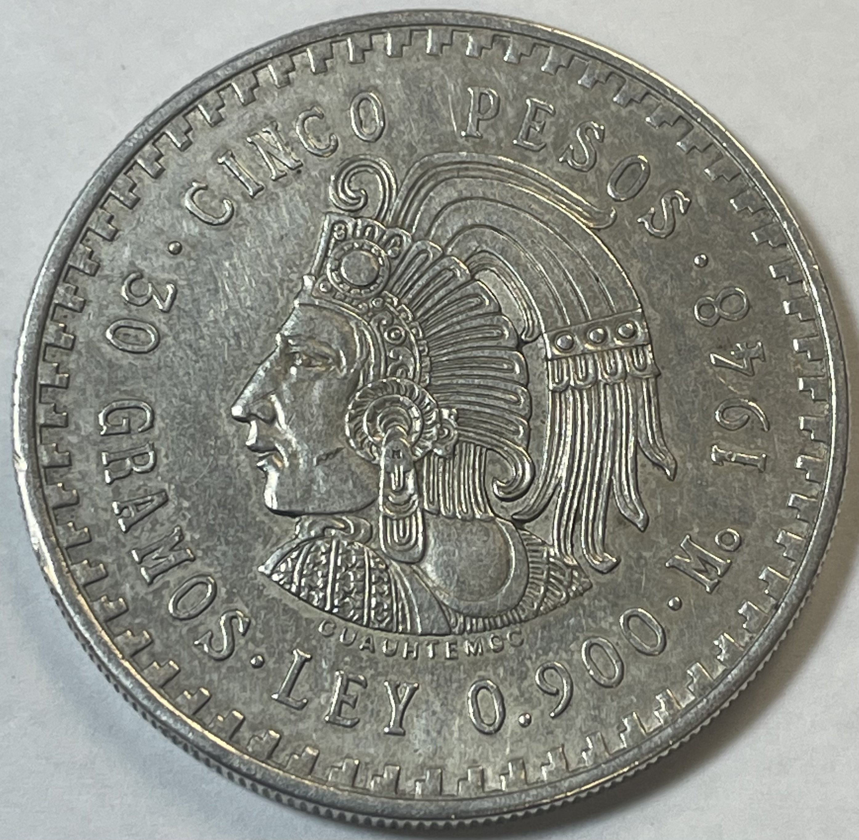 1948 Mexico Silver 5 Pesos - Cuauhtemoc Aztec Indian Chieftain Silver ...