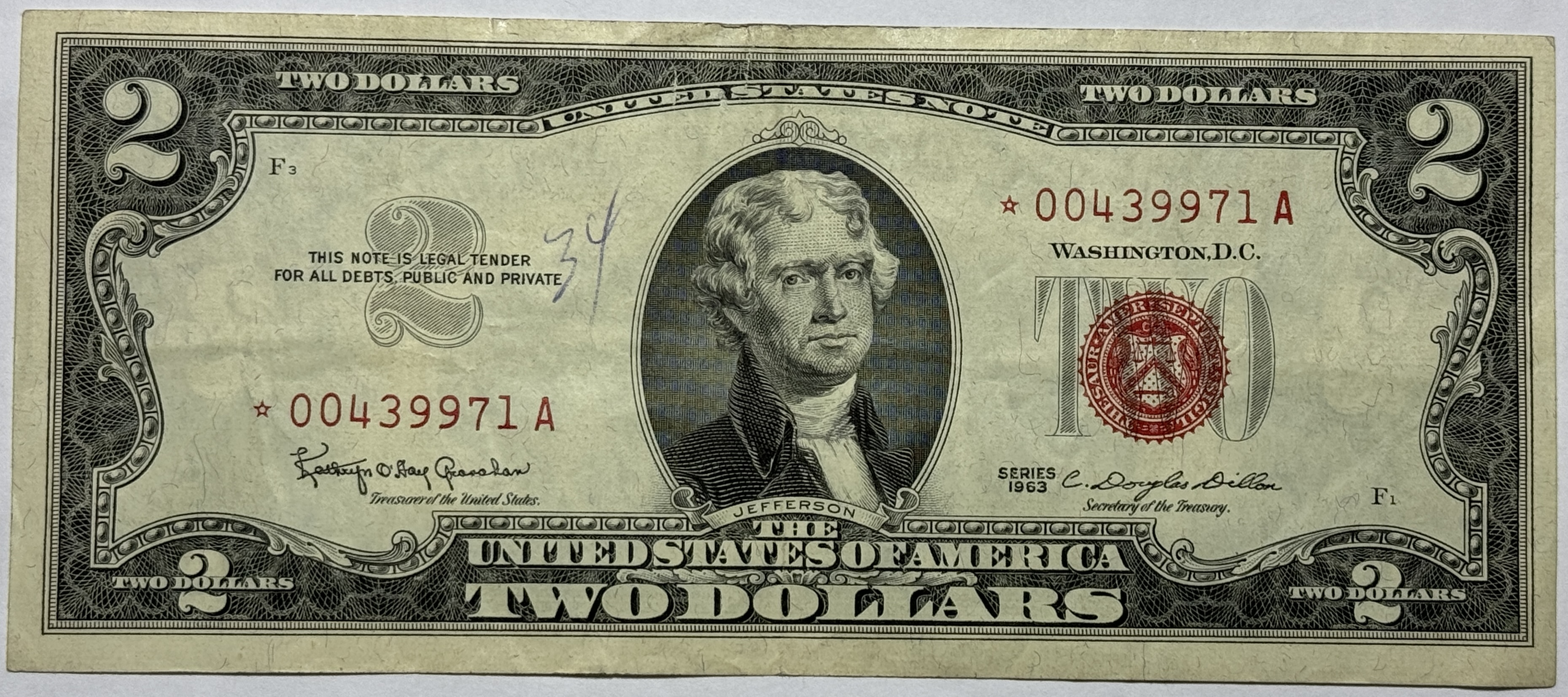 STAR NOTE REPLACEMENT ERROR 1963 $2 U.S. Legal Tender Star Note ...