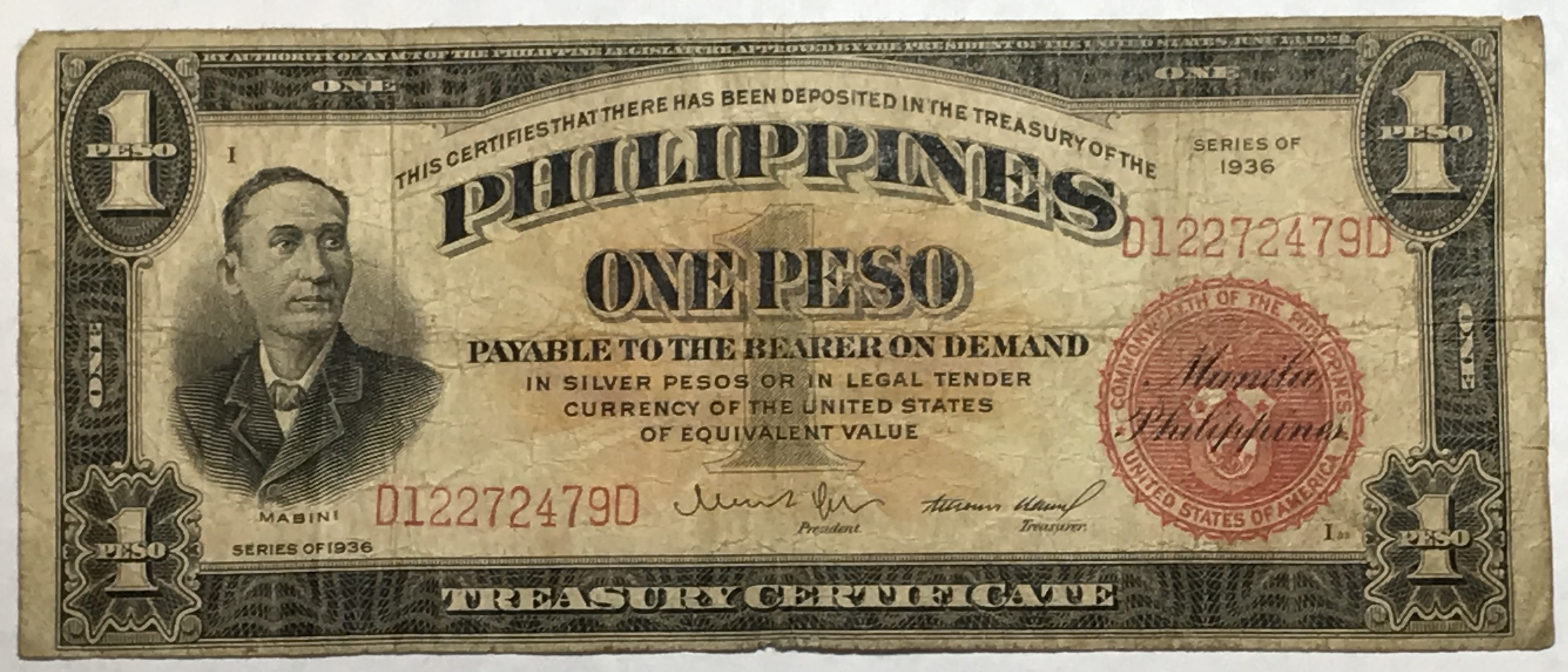 1936 Philippines One Silver Peso Bank Note | Property Room