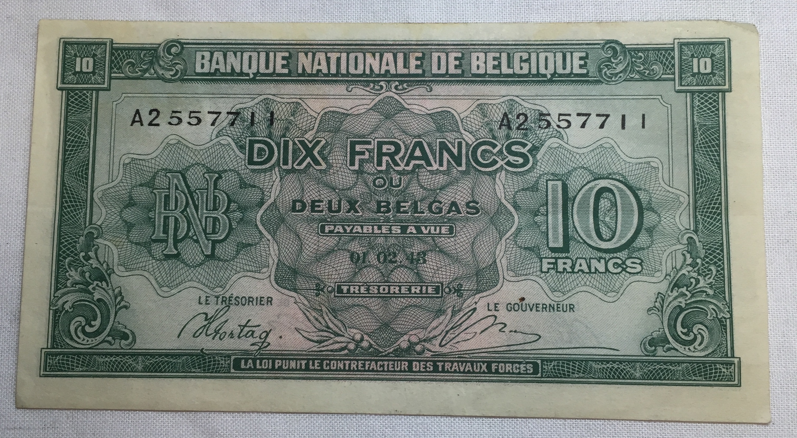 1943 Belgium 10 Francs World War II Era Bank Note - High Grade ...