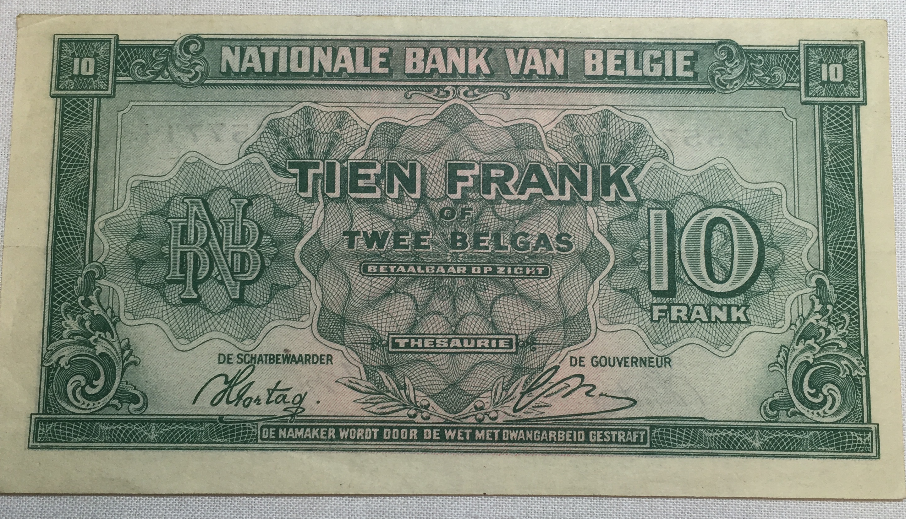 1943 Belgium 10 Francs World War II Era Bank Note - High Grade ...