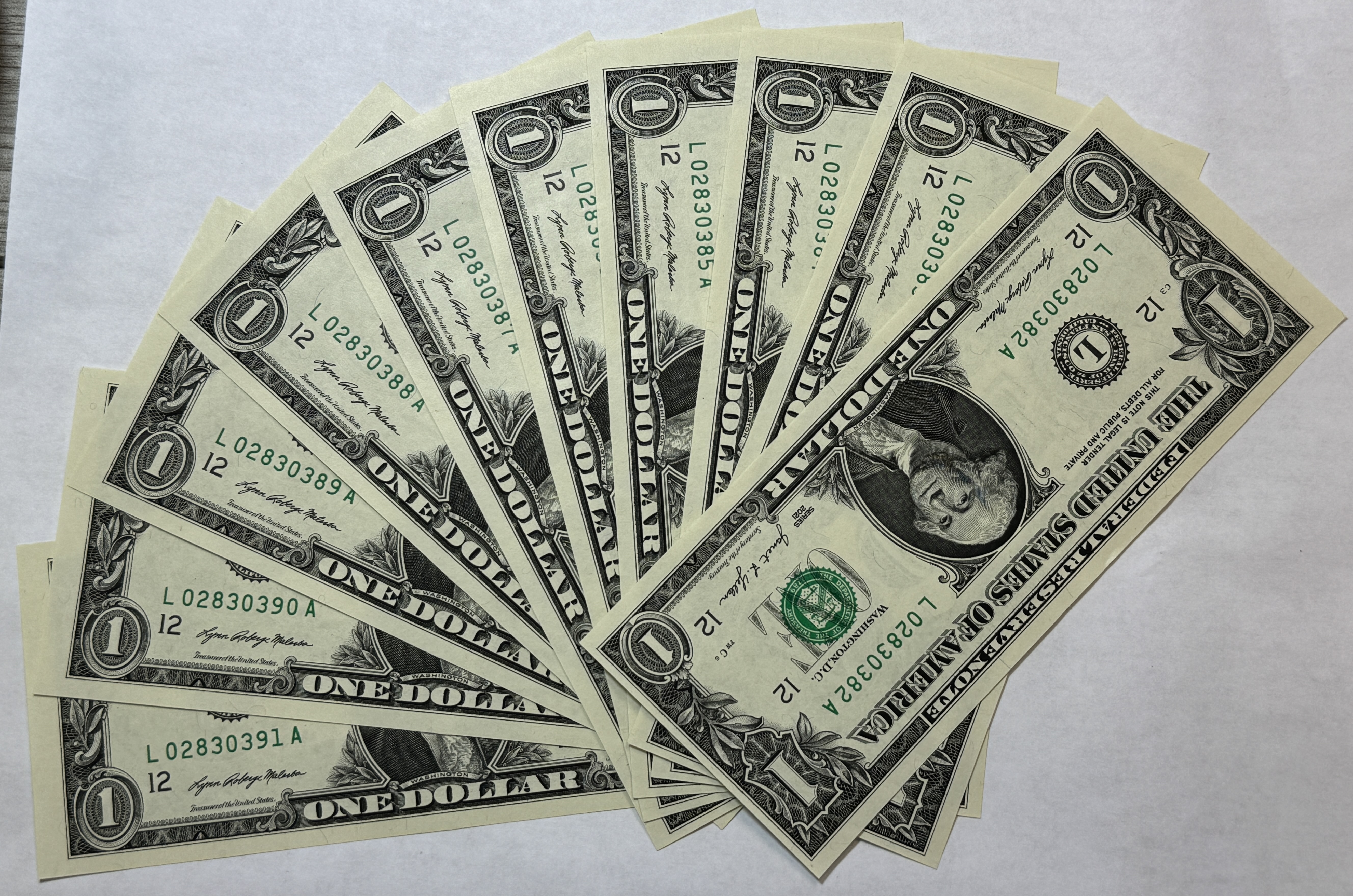 Lot of (10) Consecutive Numbered & MISCUT 2021 Federal Reserve Notes ...