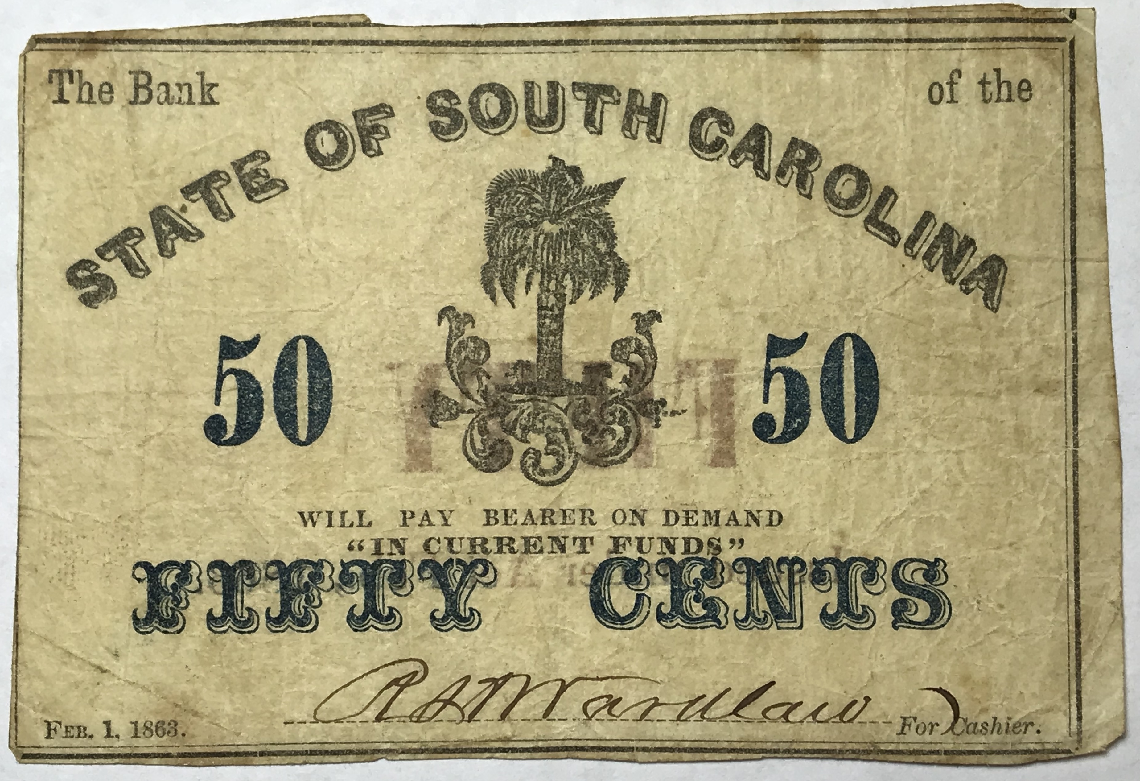 1863 State of South Carolina 50 Cents Note - Civil War Era Fractional ...