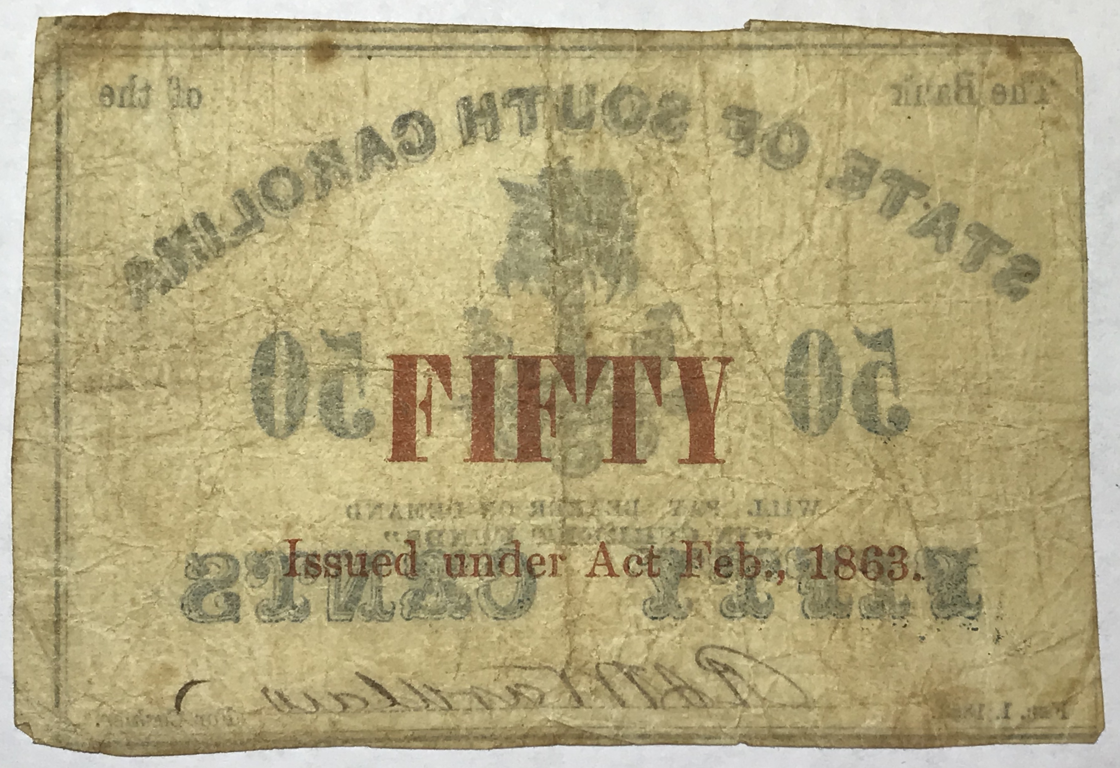 1863 State of South Carolina 50 Cents Note - Civil War Era Fractional ...