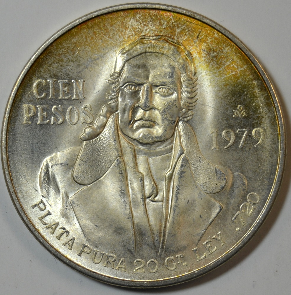 Mexico 1979 100 Pesos, Silver, Obverse National arms, eagle left. Reverse Bust facing, higher ...