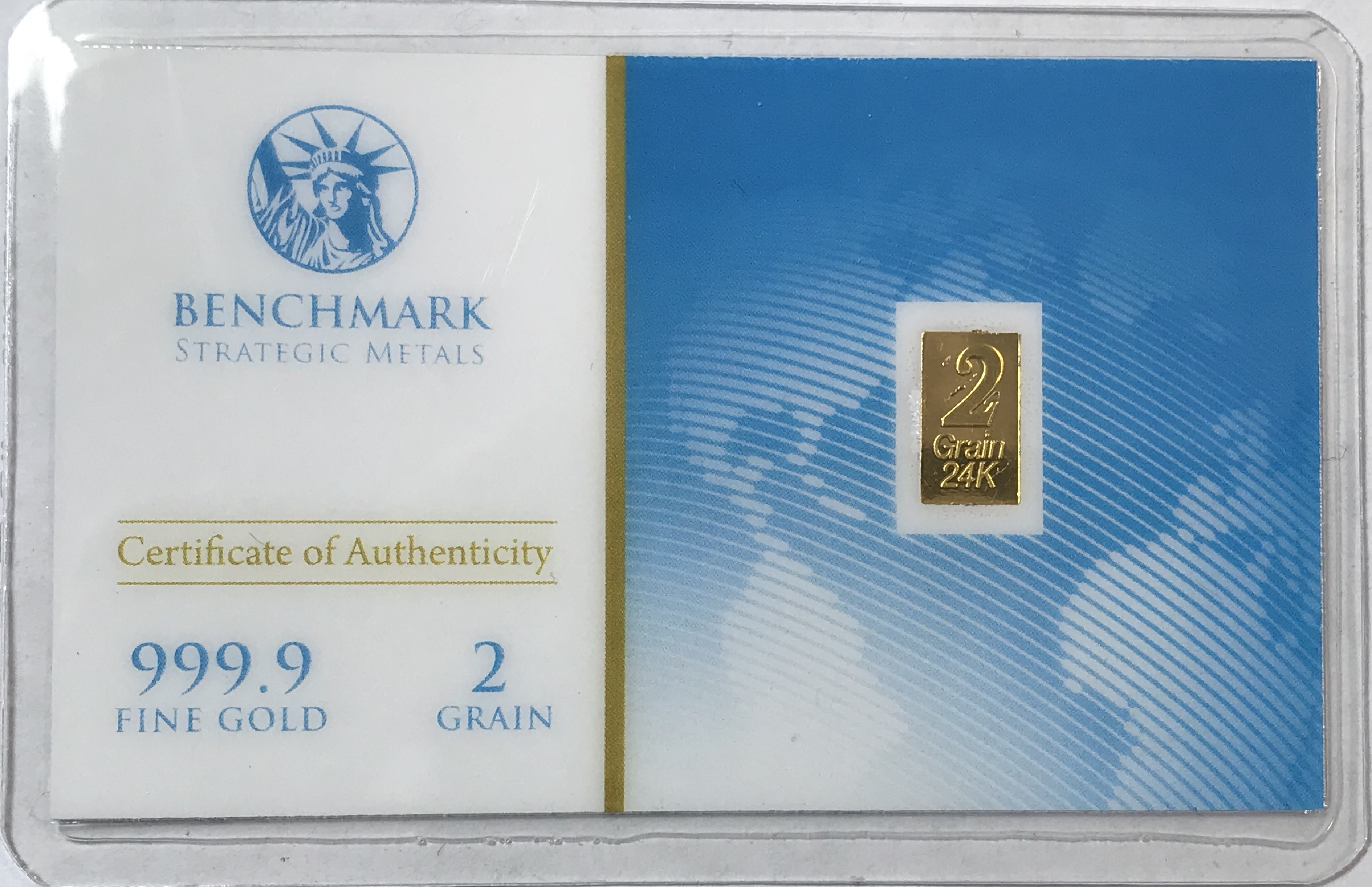 2 Grain 1/8 Gram 999.9 Fine Gold Bar - Benchmark Precious Metals w ...