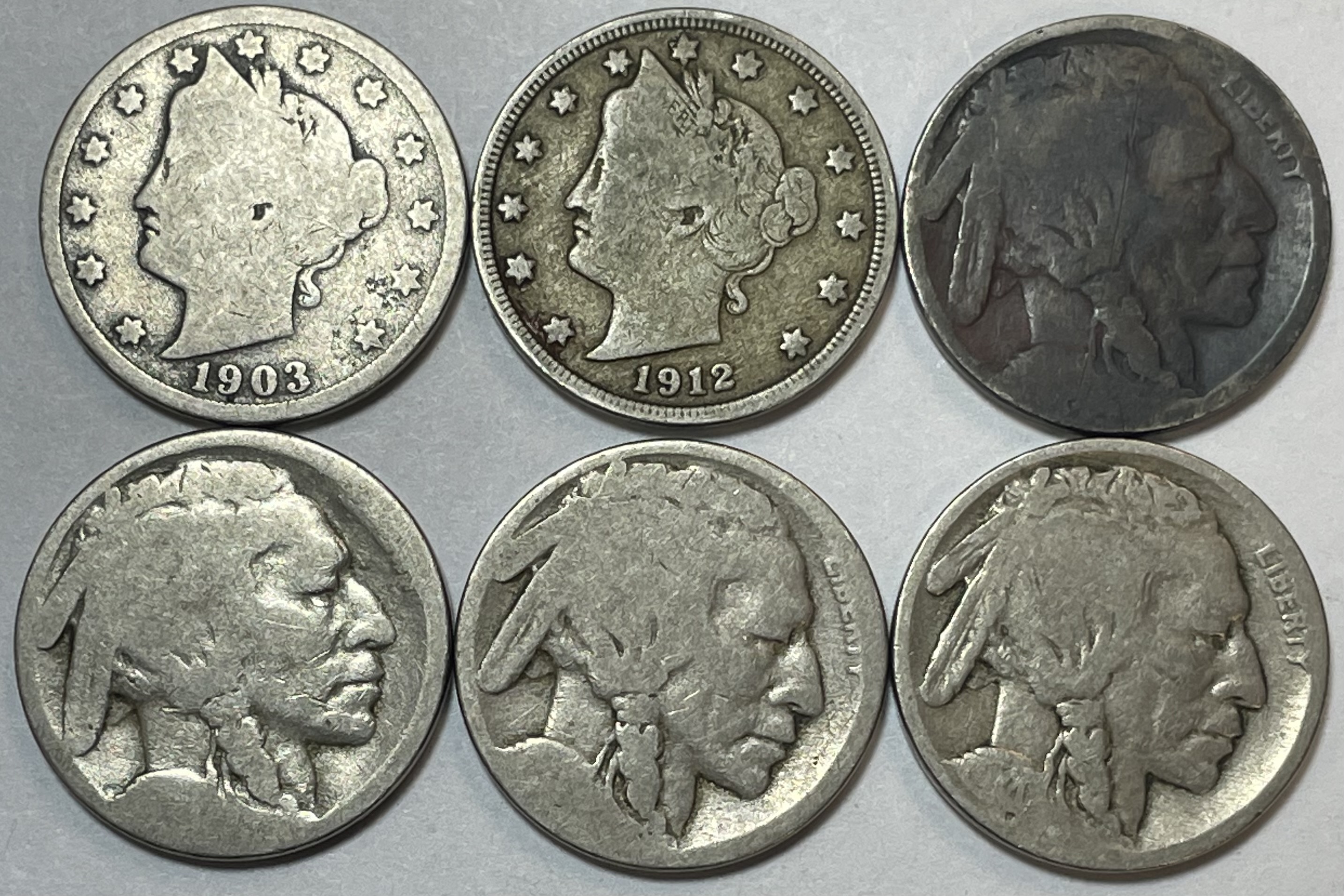 Lot of (6) Early Type Coins - "V" Nickels and Buffalo Nickels ...