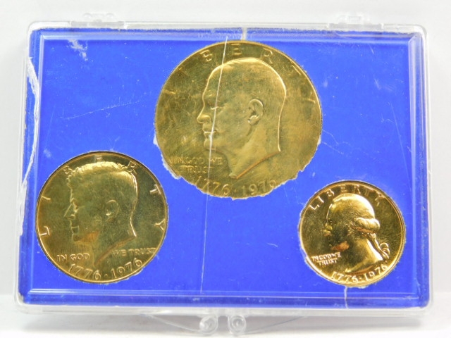 3 Piece 24K Gold Layered Bicentennial Coin Set-1776-1976 Ike Dollar-Kennedy Half & Washington ...