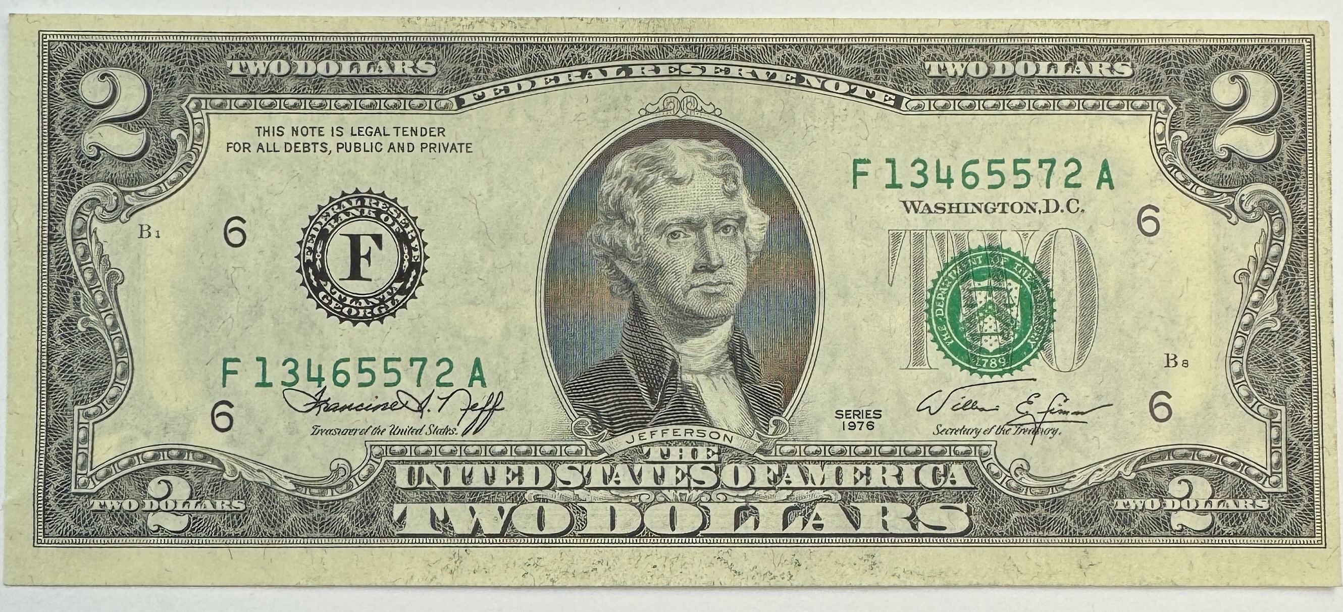 MISCUT ERROR 1976 U.S. Bicentennial $2 Atlanta District Federal Reserve ...