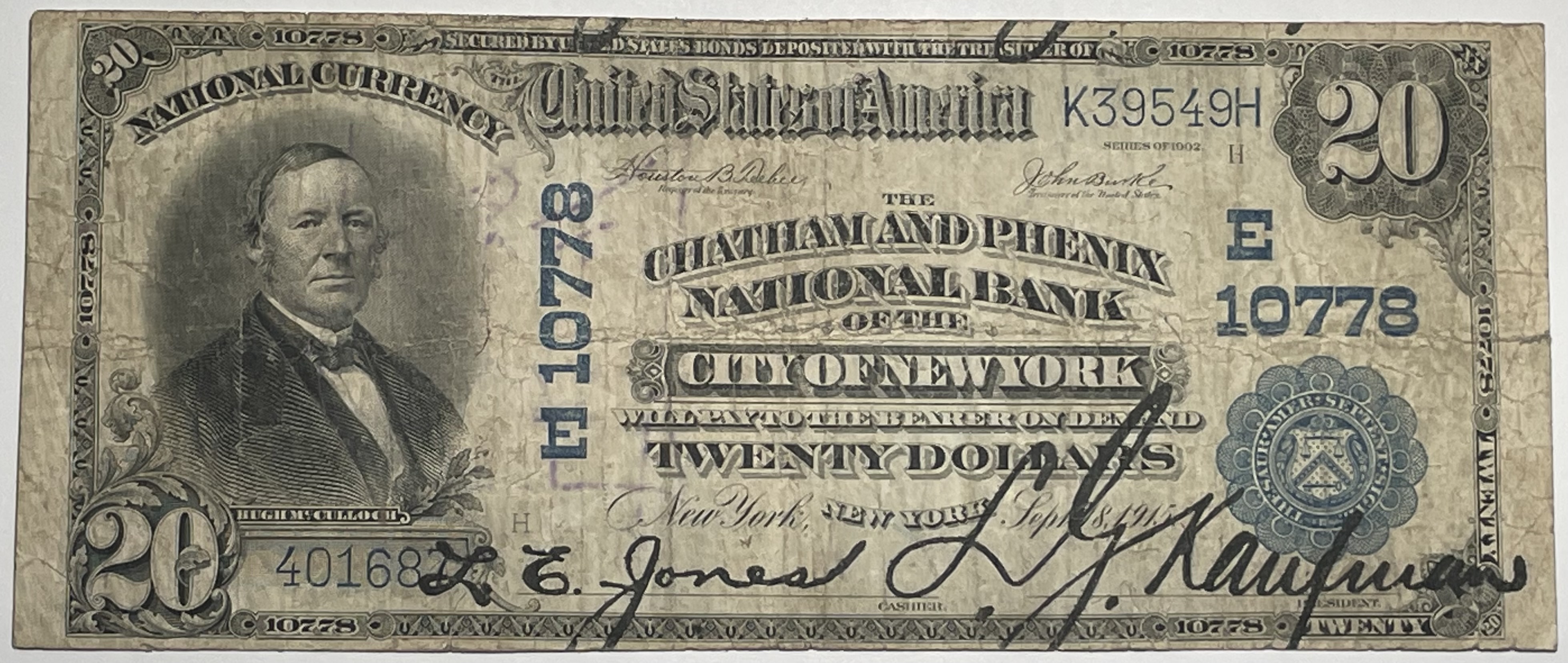 Series of 1902 $20 Chatham and Phenix National Bank of the City of New ...