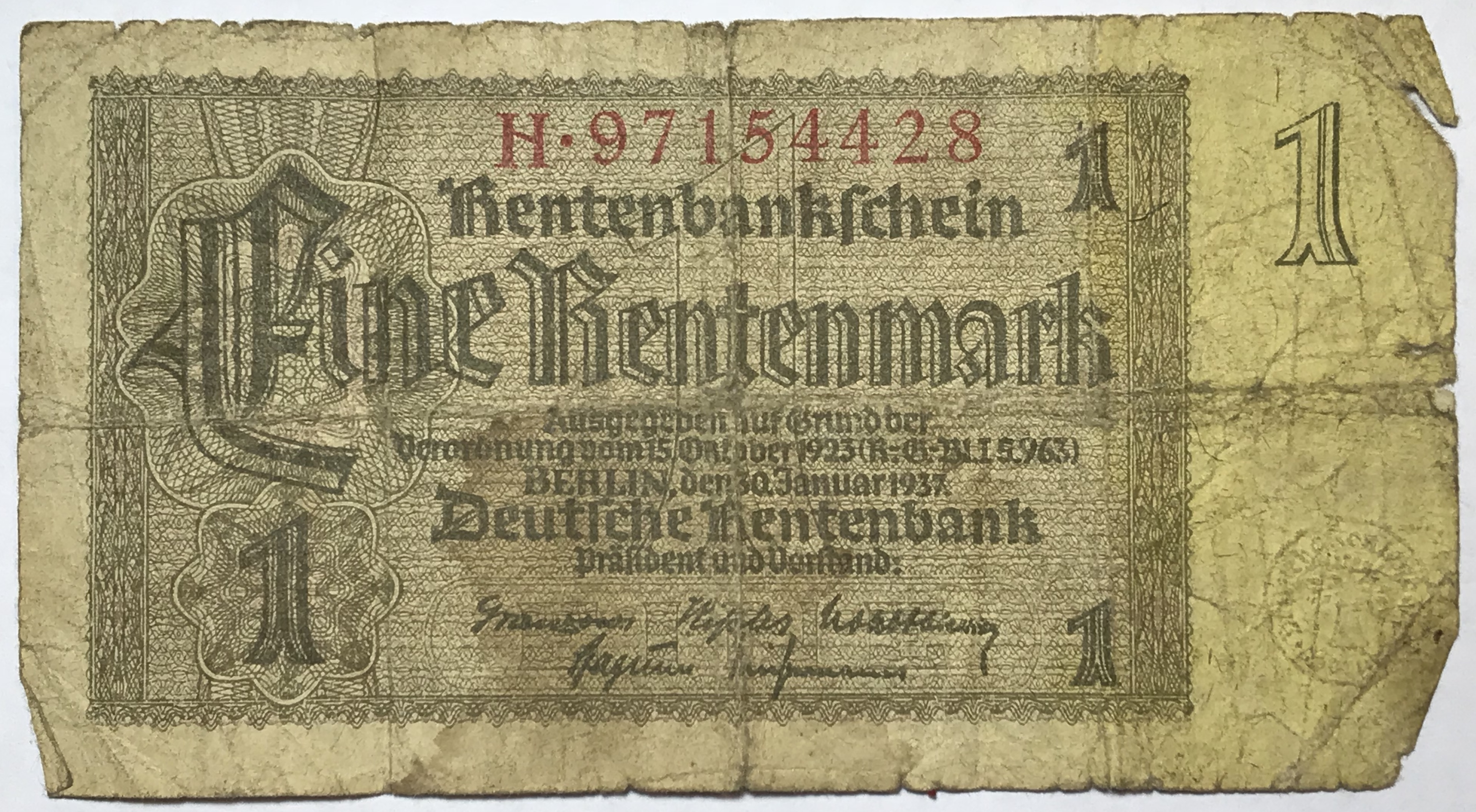 1937 Germany One (1) Rentenmark Banknote | Property Room