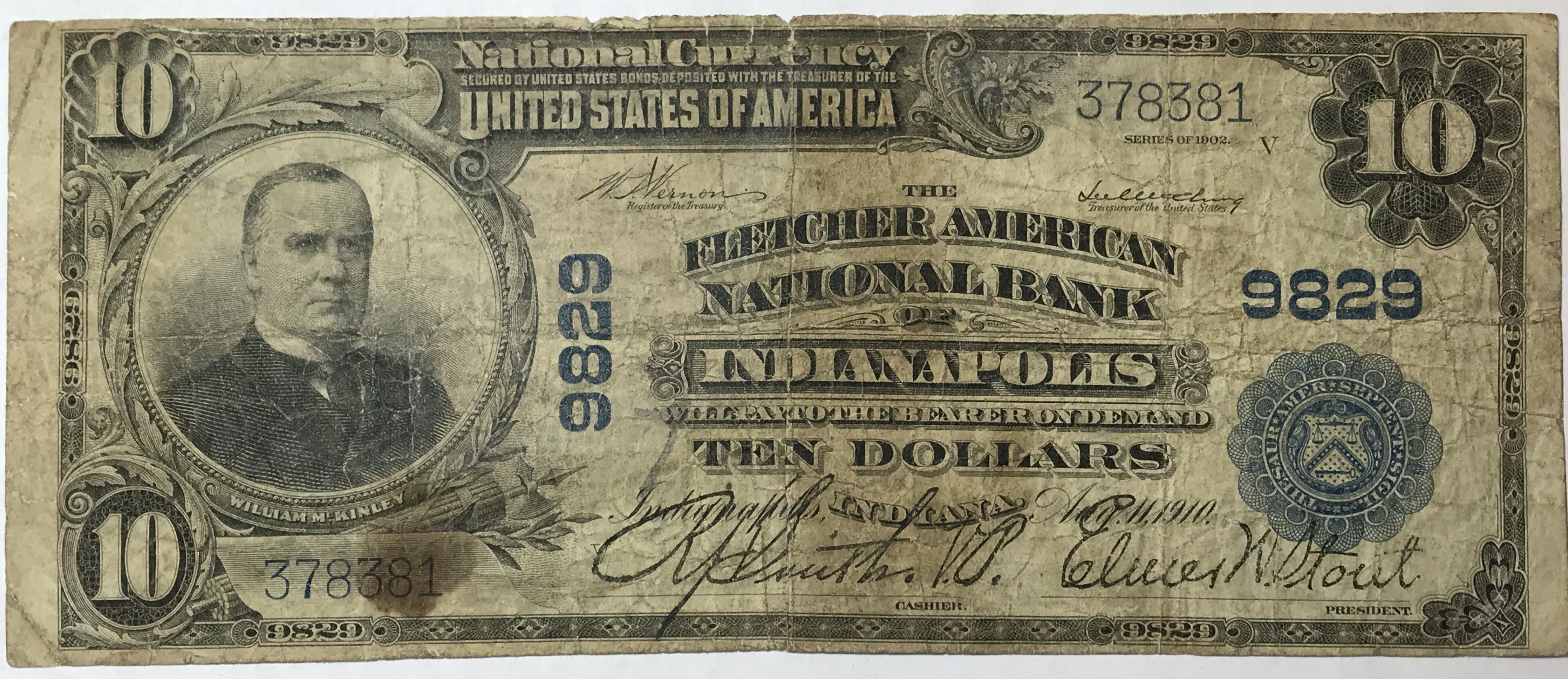 1902 $10 Fletcher American National Bank Indianapolis, Indiana - Large ...