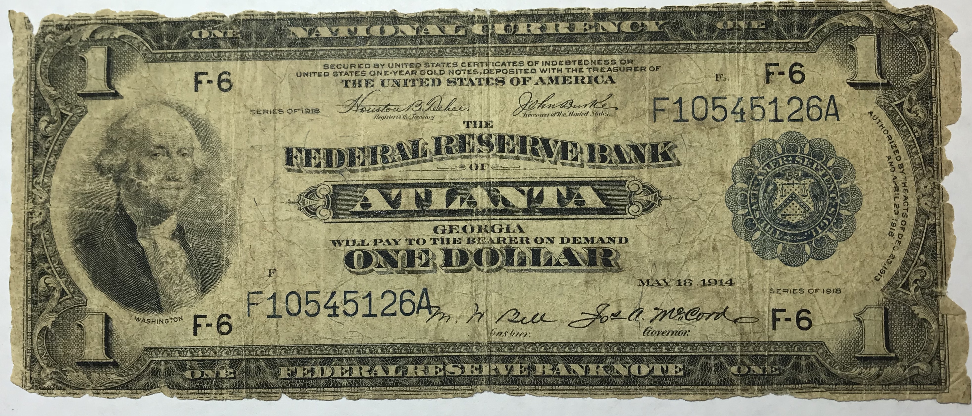 Series of 1918 $1 Federal Reserve Bank Atlanta Banknote - National ...