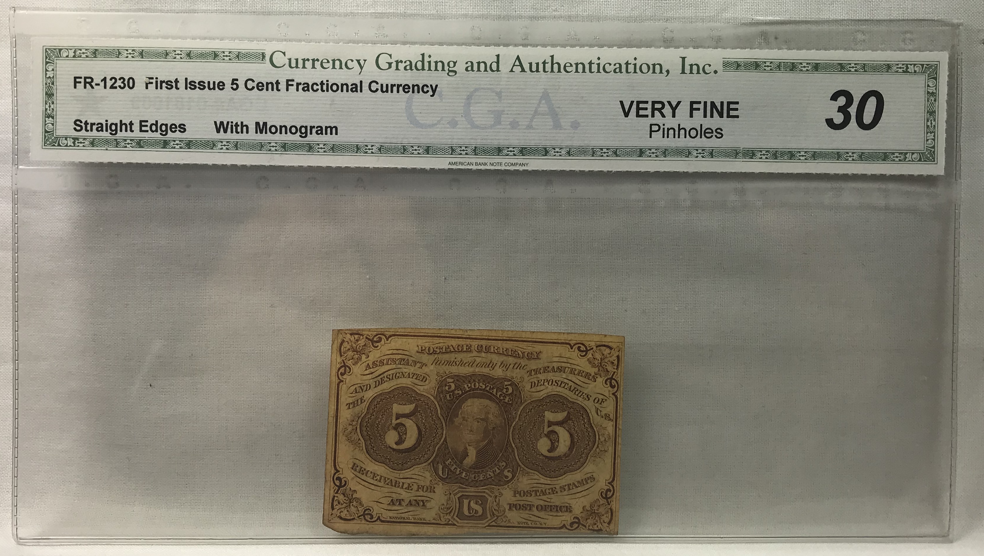 1862 First Issue 5 Cent Fractional Currency - Straight Edges w/Monogram ...