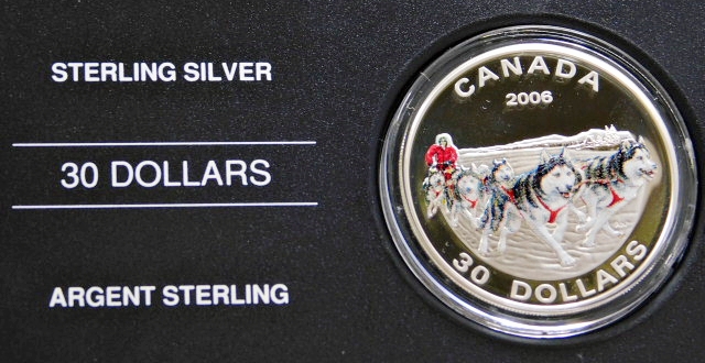 2006 $30 Canada Proof Silver Colorized Dog Sled Team Commemorative Coin ...