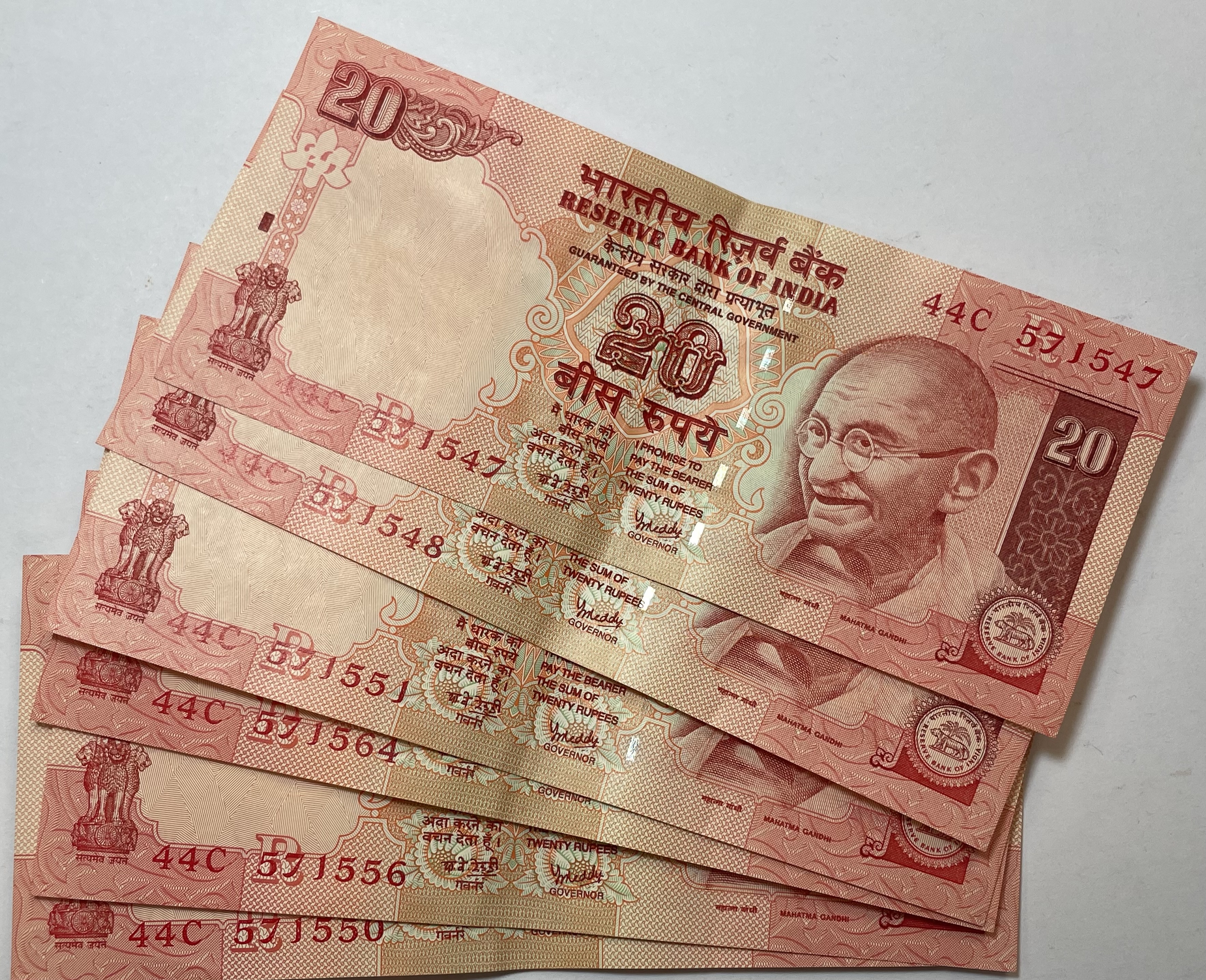 Lot of (6) High Grade India 20 Rupees Bank Notes - Crisp Paper w/2 ...