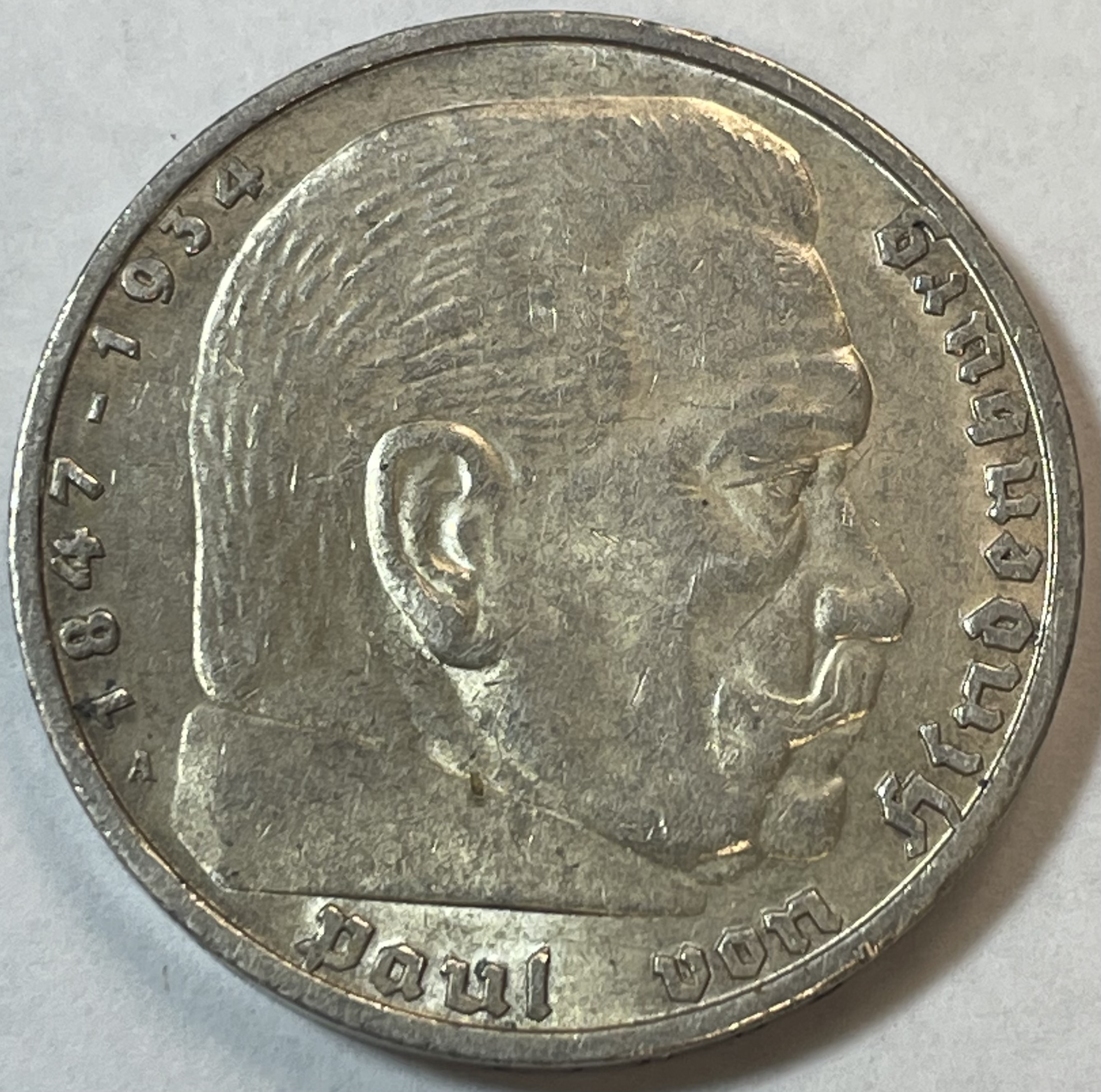 1936A Germany SILVER 5 Reichsmark Paul Von Hindenburg Commemorative ...