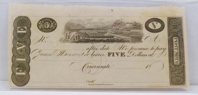 1800's $5 Cincinnati - James Monroe Promissory Post Note Obsolete ...