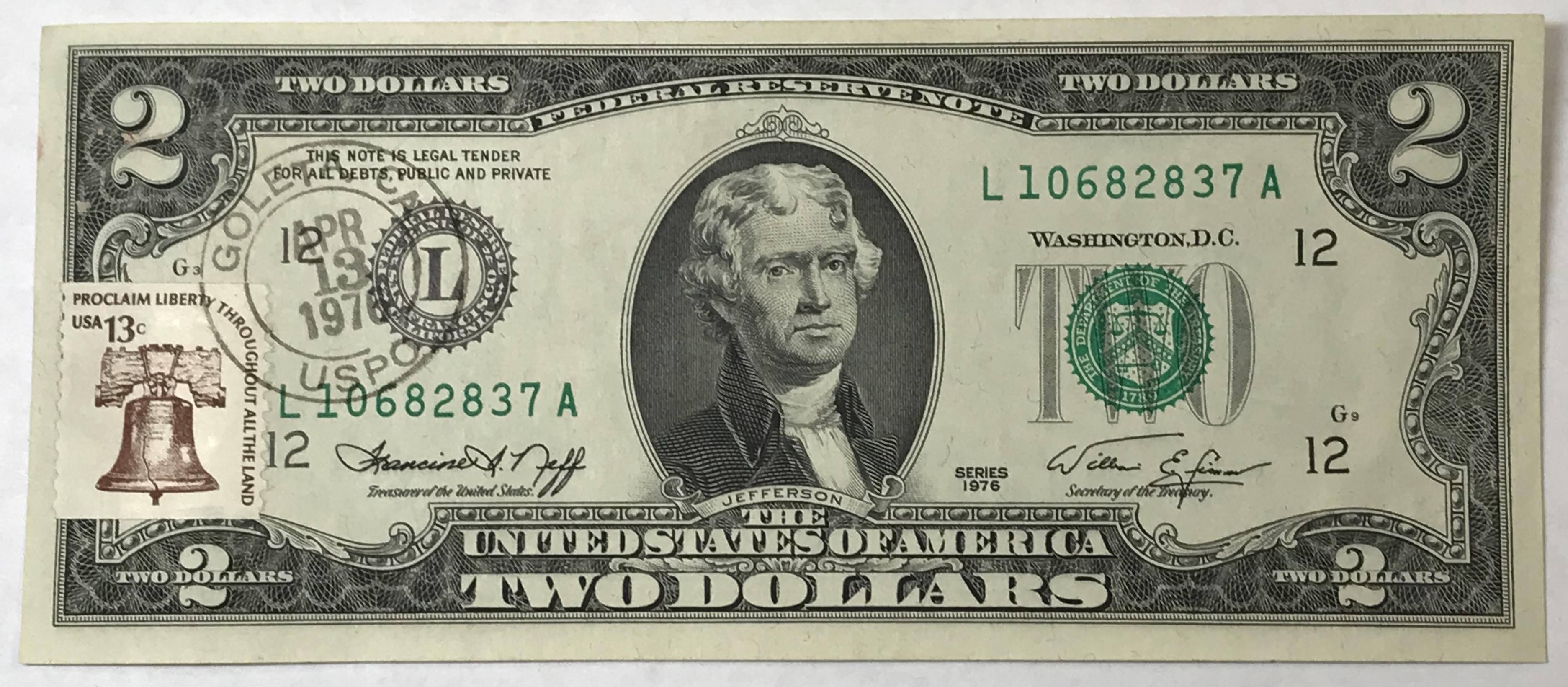 1976 $2 Bicentennial Federal Reserve Note w/Bicentennial Postmark and ...